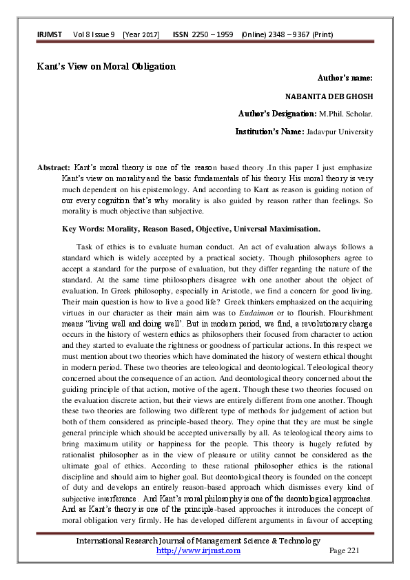 (PDF) Kant's View on Moral Obligation
