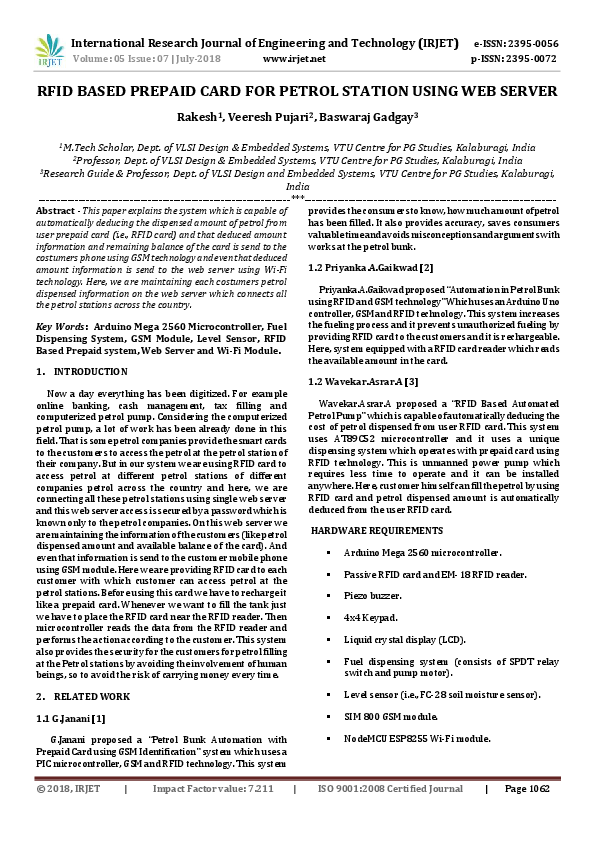 (PDF) IRJET- RFID BASED PREPAID CARD FOR PETROL STATION USING WEB SERVER