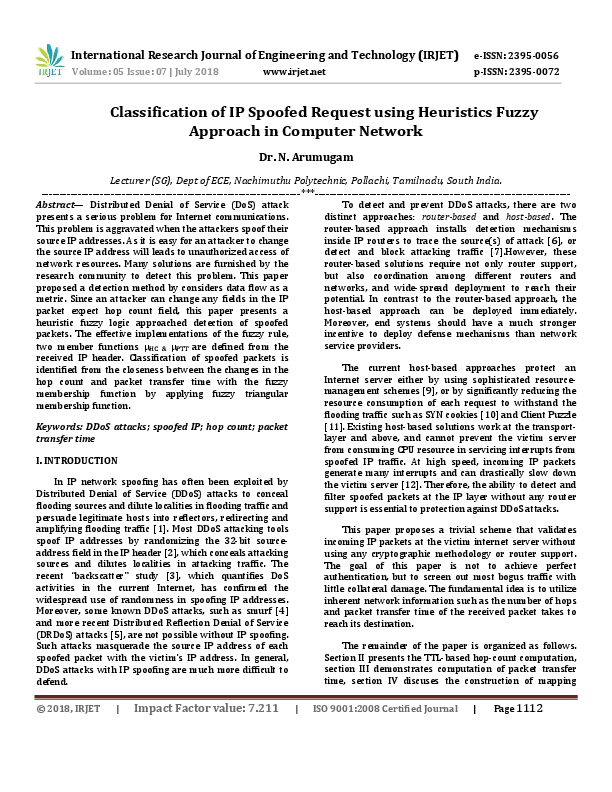 Pdf Classification Of Ip Spoofed Request Using Heuristics Fuzzy Approach In Computer Network