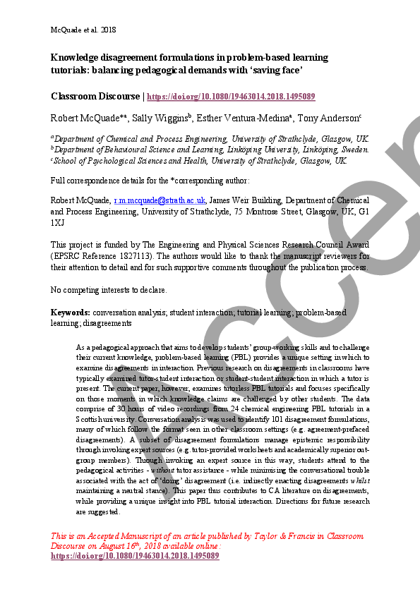 (PDF) Knowledge disagreement formulations in problem-based learning tutorials: balancing ...