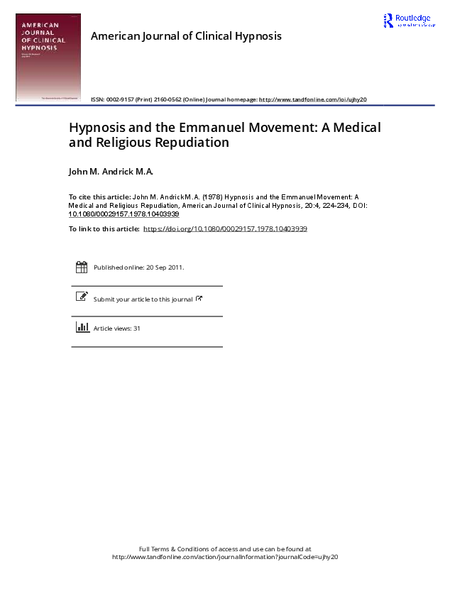 (PDF) Hypnosis and the Emmanuel Movement: A Medical and Religious ...