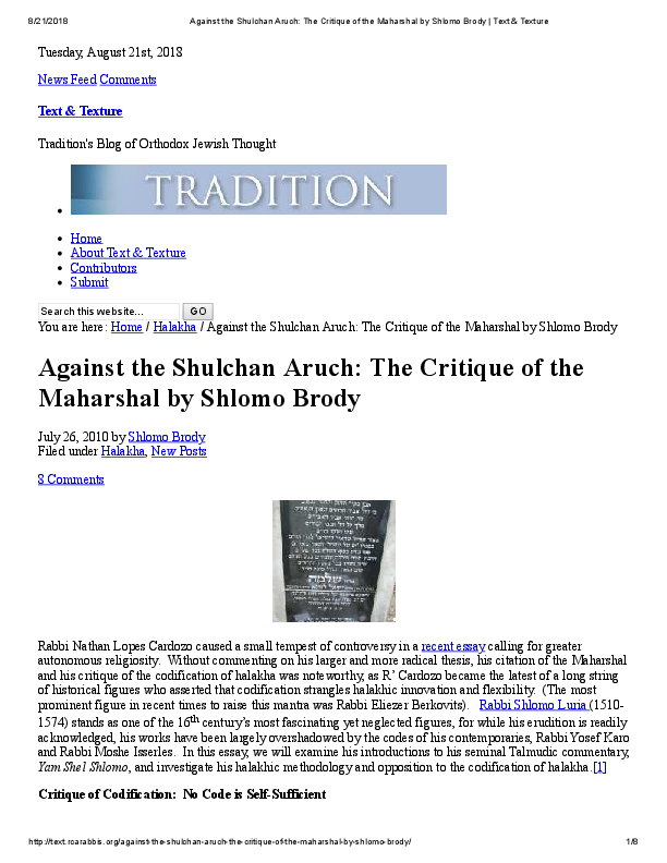 (PDF) Against the Shulchan Arukh - The Case of Maharshal