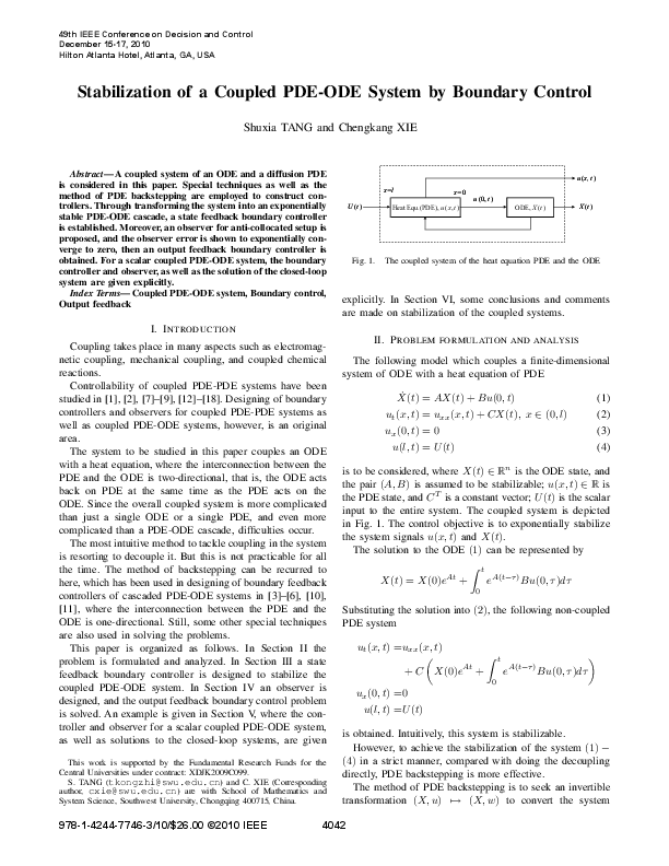(PDF) Stabilization of a Coupled PDE-ODE System by Boundary Control