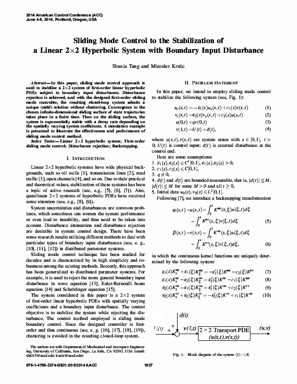 (PDF) Sliding Mode Control to the Stabilization of a Linear 2 x 2 Hyperbolic System with ...