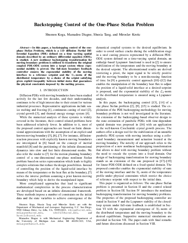 Pdf Backstepping Control Of The One Phase Stefan Problem