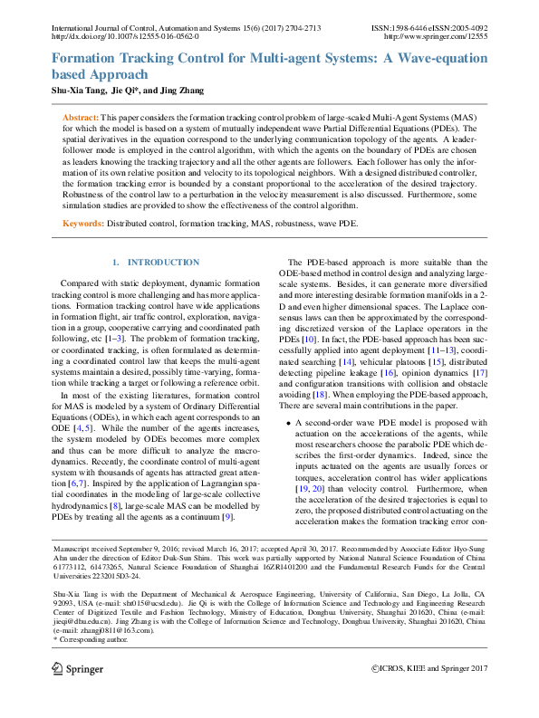Pdf Formation Tracking Control For Multi Agent Systems A Wave Equation Based Approach