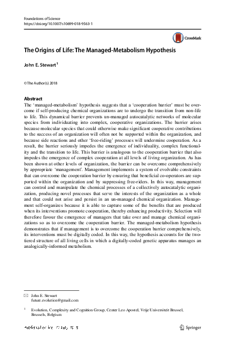 (PDF) The Origins of Life: The Managed-Metabolism Hypothesis