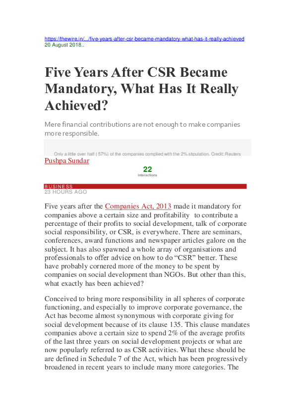 (DOC) Five Years After CSR Became Mandatory, What Has It Really Achieved