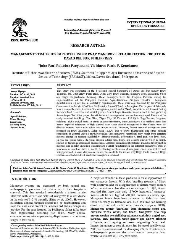 (PDF) MANAGEMENT STRATEGIES EMPLOYED UNDER PNAP MANGROVE REHABILITATION ...