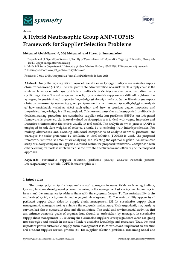 Pdf A Hybrid Neutrosophic Group Anp Topsis Framework For Supplier