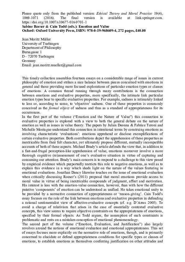 (PDF) Emotion and Value, by Sabine Roeser & Cain Todd (eds.) (Oxford ...