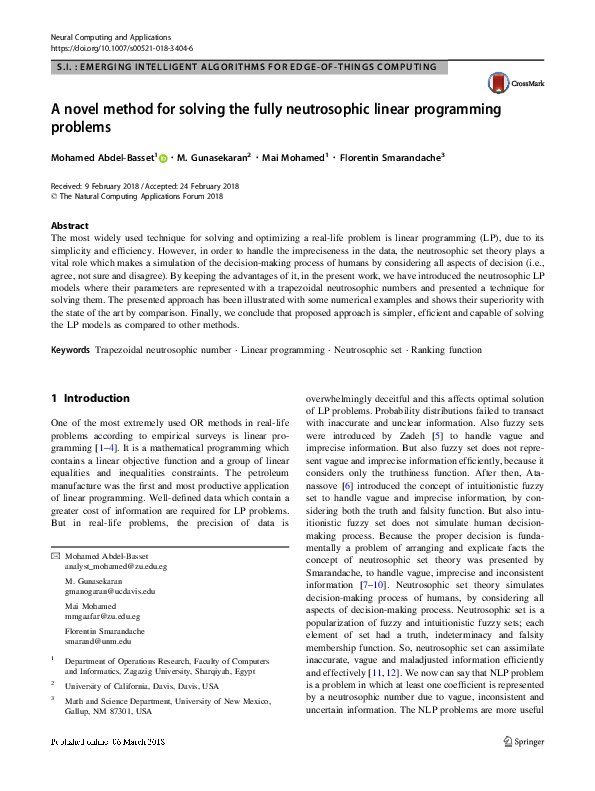 Pdf A Novel Method For Solving The Fully Neutrosophic Linear Programming Problems