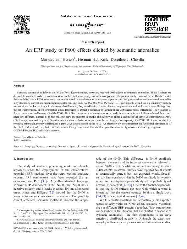 (PDF) An ERP study of P600 effects elicited by semantic anomalies