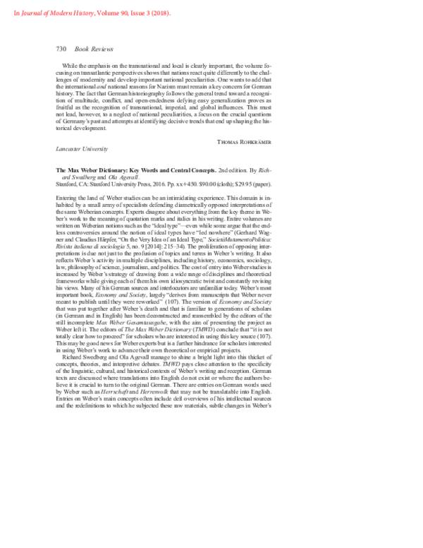 (PDF) Swedberg and Agevall, The Max Weber Dictionary (2nd edition), review