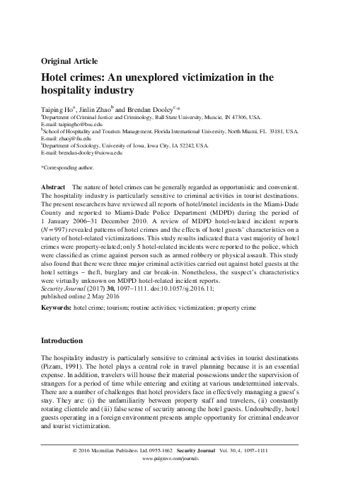 (PDF) Hotel crimes: An unexplored victimization in the hospitality industry