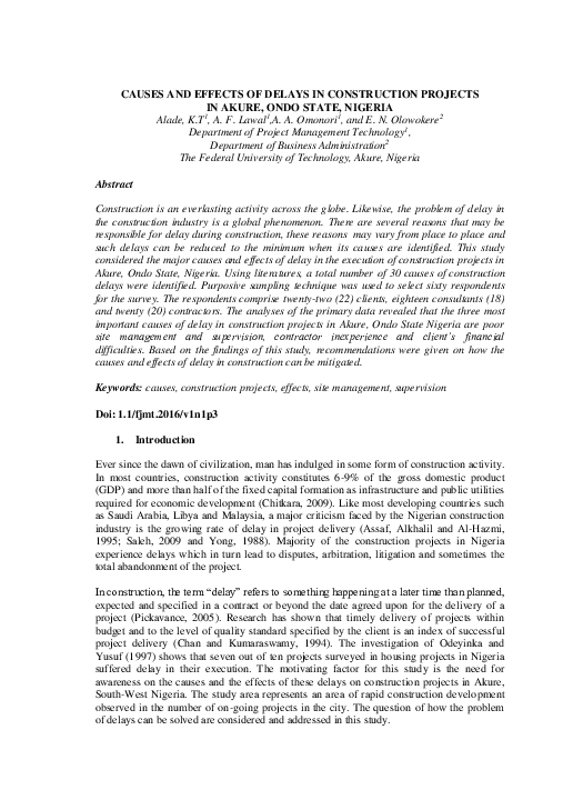 (PDF) CAUSES AND EFFECTS OF DELAYS IN CONSTRUCTION PROJECTS IN AKURE ...