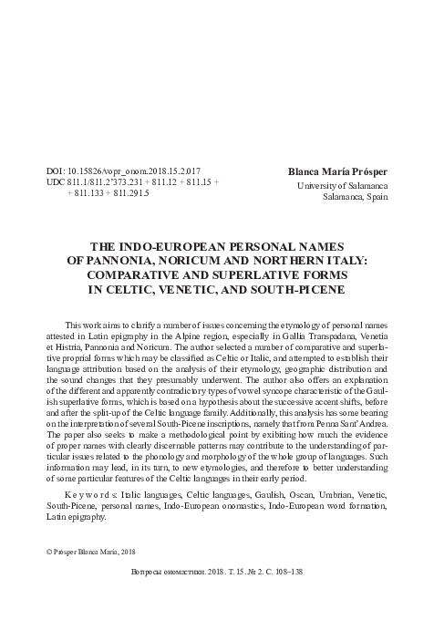 (PDF) The INDO-EUROPEAN Personal Names of Pannonia, Noricum and ...