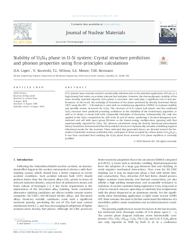 (PDF) Stability of U5Si4 phase in U-Si system: Crystal structure prediction and phonon ...