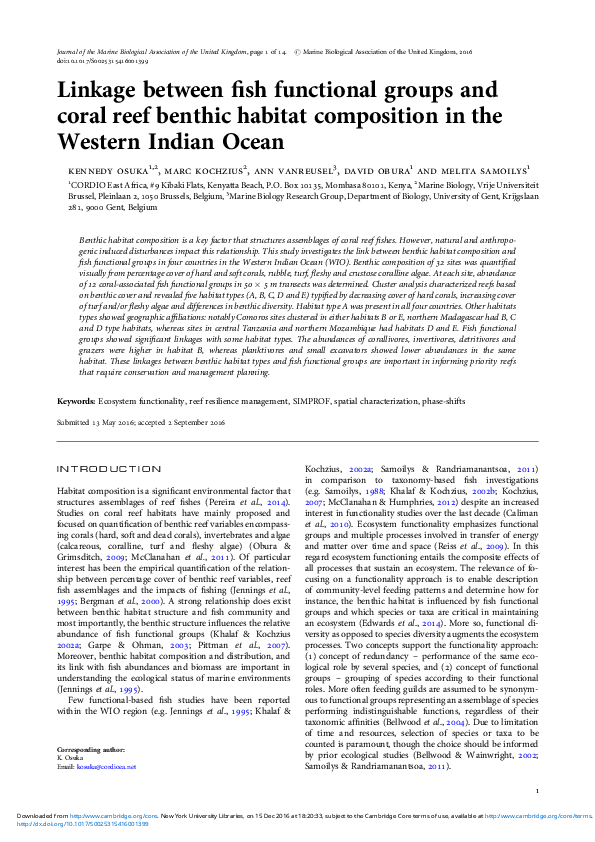(PDF) Linkage between fish functional groups and coral reef benthic ...
