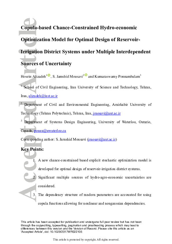 (PDF) Copula-based Chance-Constrained Hydro-economic Optimization Model for Optimal Design of ...
