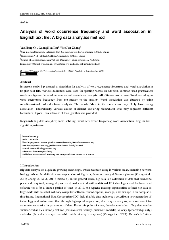 Pdf Analysis Of Word Occurrence Frequency And Word Association In English Text File A Big