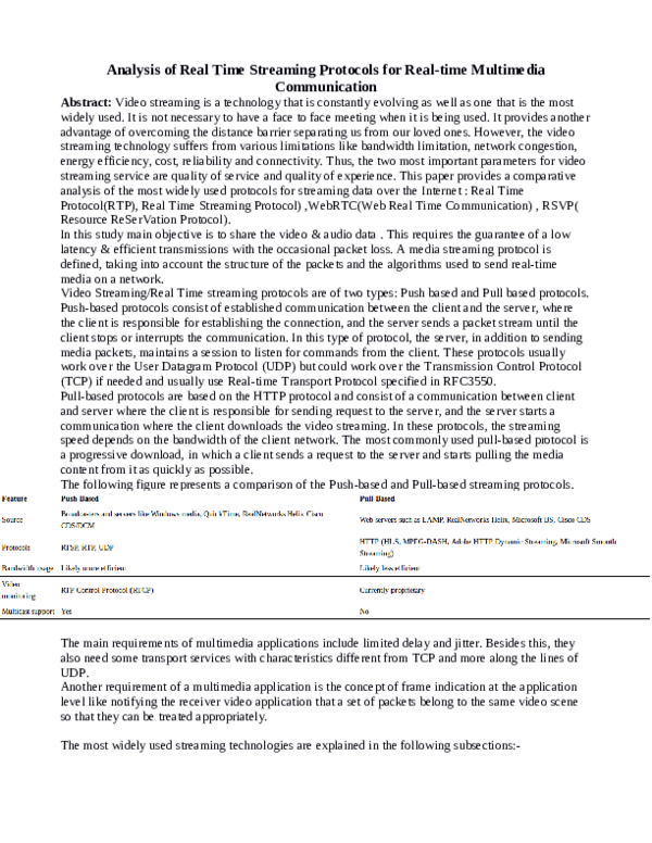 Pdf Analysis Of Real Time Streaming Protocols For Real Time Multimedia Communication