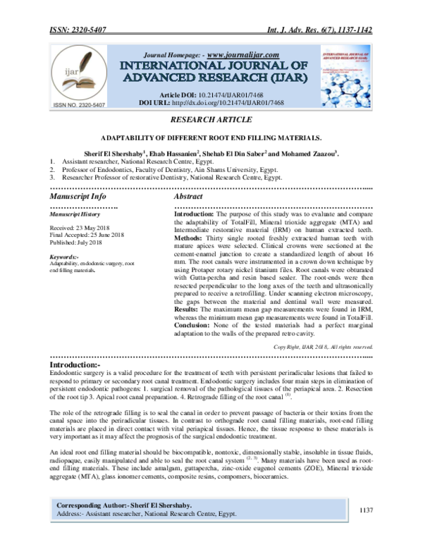 Pdf Adaptability Of Different Root End Filling Materials