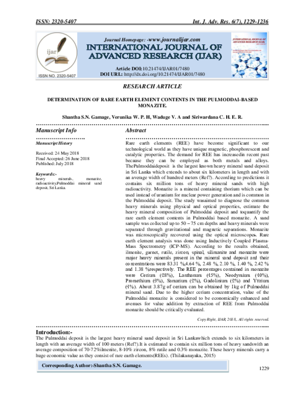 (PDF) DETERMINATION OF RARE EARTH ELEMENT CONTENTS IN THE PULMODDAI ...