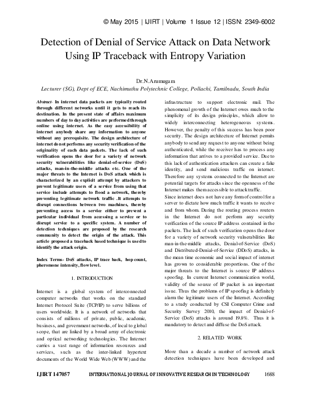 Pdf Detection Of Denial Of Service Attack On Data Network Using Ip Traceback With Entropy