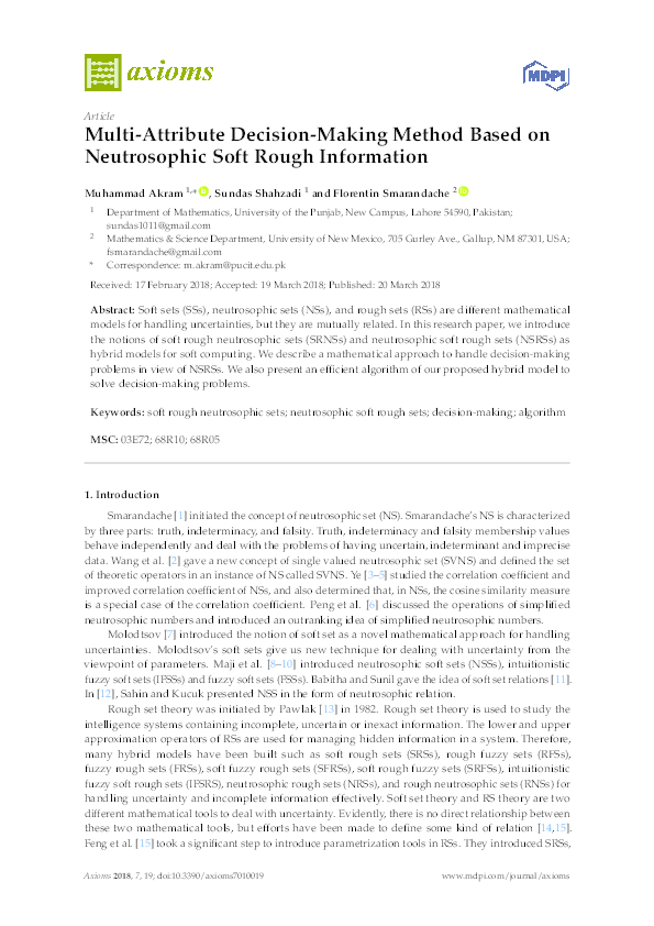 (PDF) Multi-Attribute Decision-Making Method Based on Neutrosophic Soft Rough Information