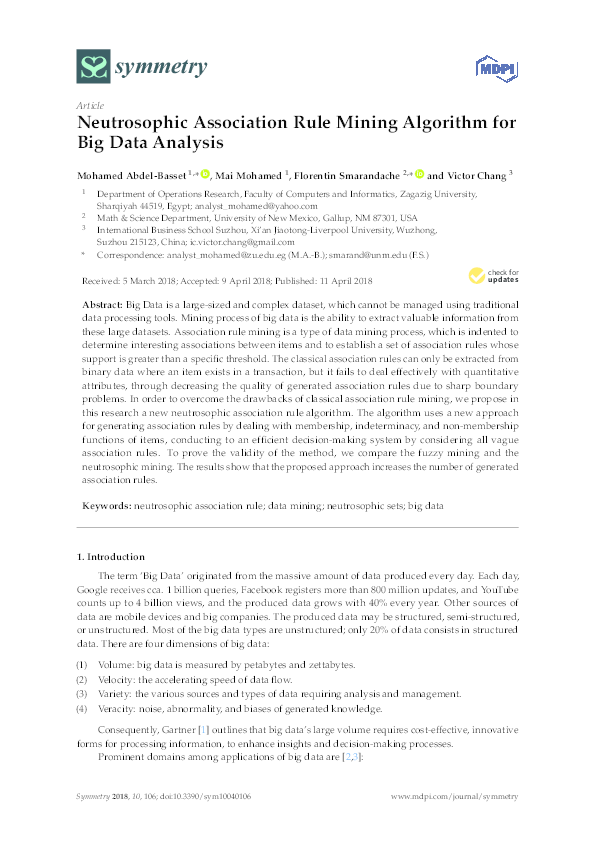 Pdf Neutrosophic Association Rule Mining Algorithm For Big Data Analysis Florentin