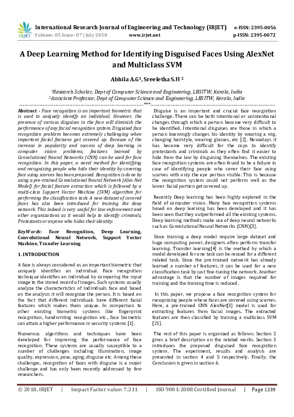 Pdf Irjet A Deep Learning Method For Identifying Disguised Faces Using Alexnet And Multiclass Svm