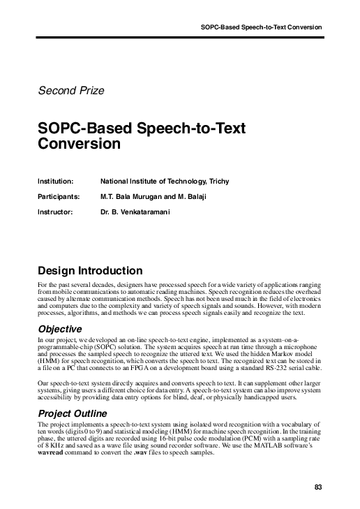 (PDF) SOPC-Based Speech-to-Text Conversion 83 Second Prize