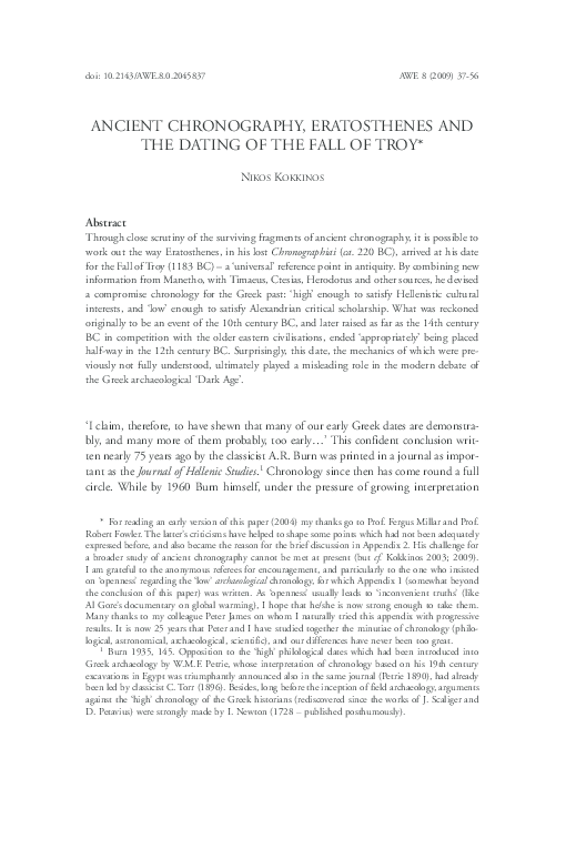(PDF) Ancient Chronography, Eratosthenes and the Dating of the Fall of Troy