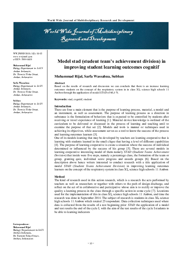 (PDF) Model stad (student team's achievement division) in improving student learning outcomes ...