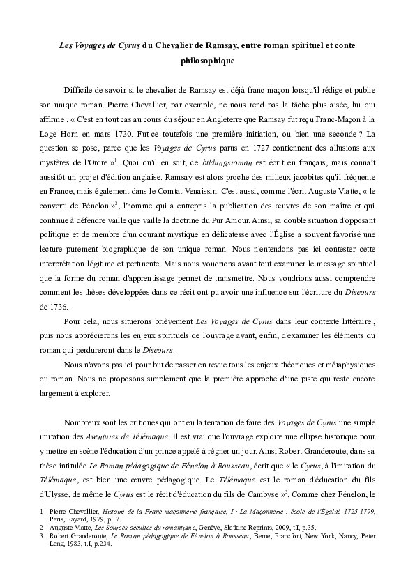 Les Voyages de Cyrus du Chevalier de Ramsay, entre roman spirituel et ...