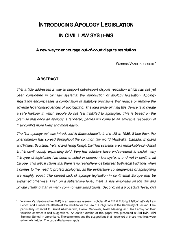 (PDF) Introducing Apology Legislation in Civil Law Systems. A new way ...