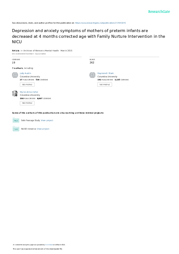 (PDF) Depression and anxiety symptoms of mothers of preterm infants are ...