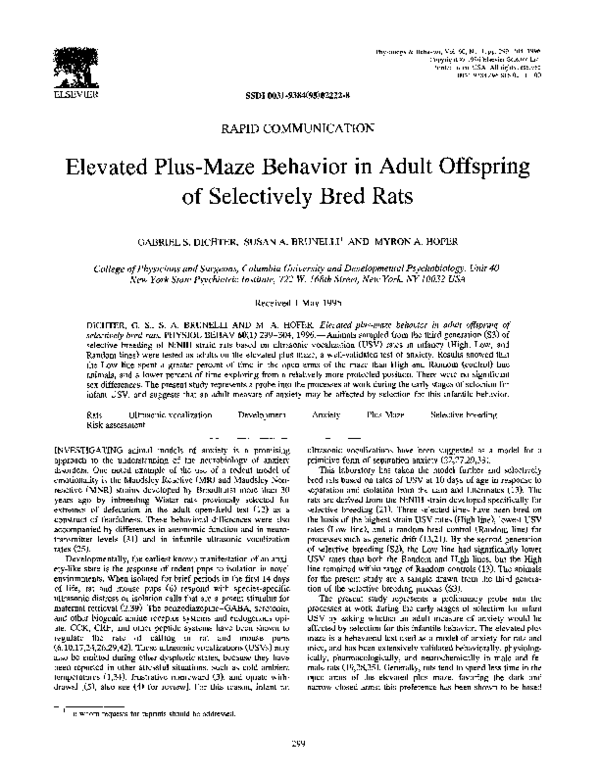 (PDF) Elevated plus-maze behavior in adult offspring of selectively bred rats