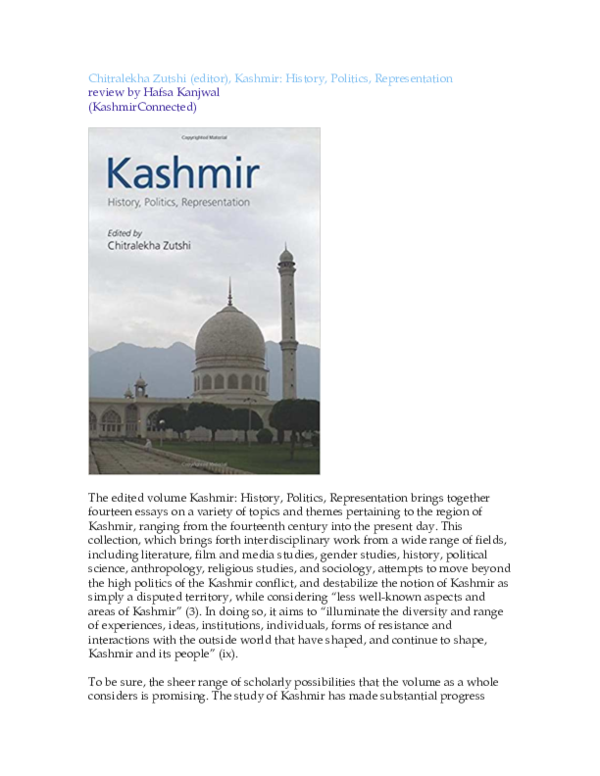 (PDF) Chitralekha Zutshi (editor), Kashmir: History, Politics ...