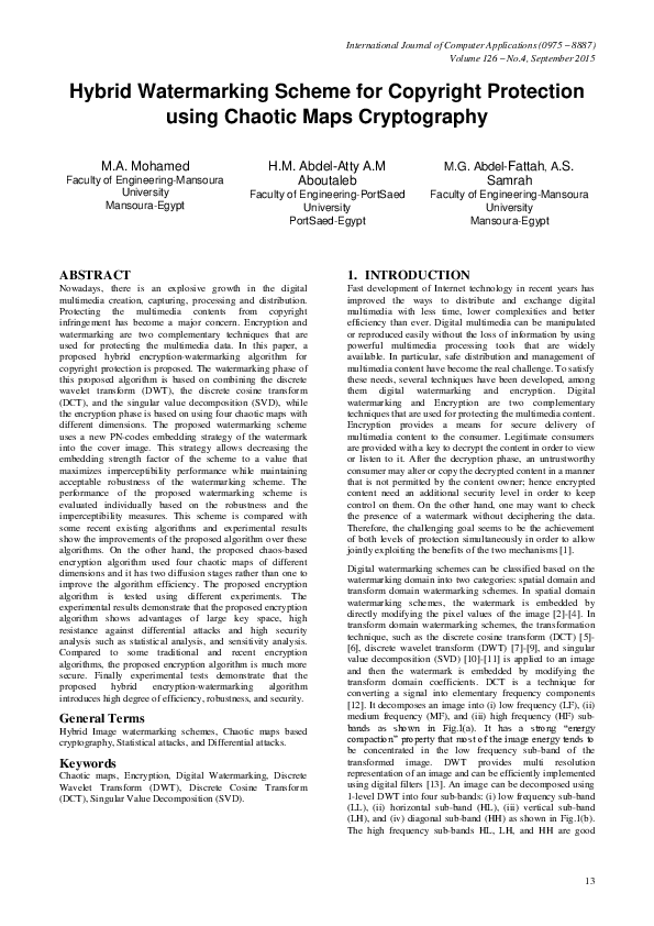(PDF) Hybrid Watermarking Scheme for Copyright Protection using Chaotic Maps Cryptography