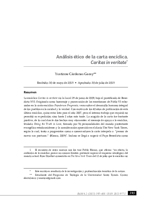(PDF) Análisis ético de la carta encíclica. Caritas in veritate. Albertus Magnus Vol. 6, N. 2 ...