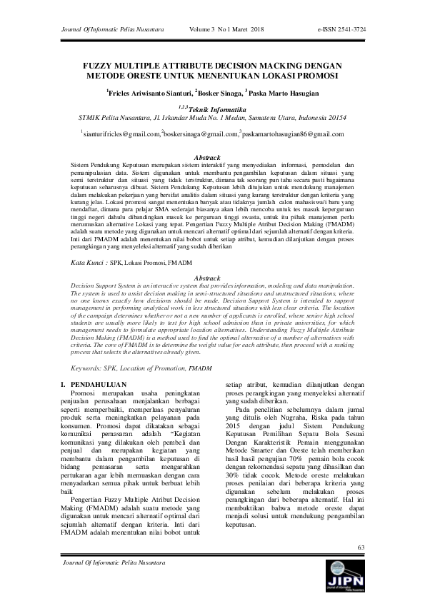 (PDF) FUZZY MULTIPLE ATTRIBUTE DECISION MACKING DENGAN METODE ORESTE UNTUK MENENTUKAN LOKASI PROMOSI