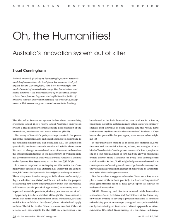 (PDF) Oh, the Humanities!: Australia's Innovation System out of Kilter