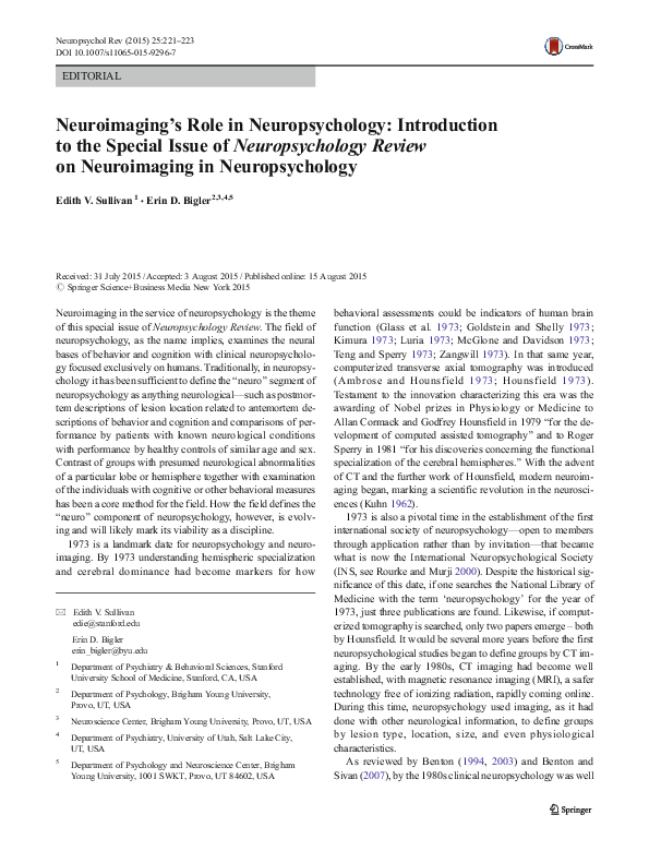 (PDF) Neuroimaging's Role in Neuropsychology: Introduction to the ...