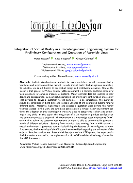 (PDF) Integration of Virtual Reality in a Knowledge-based Engineering System for Preliminary ...