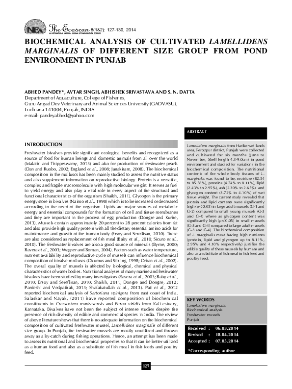 (PDF) BIOCHEMICAL ANALYSIS OF CULTIVATED LAMELLIDENS MARGINALIS OF ...