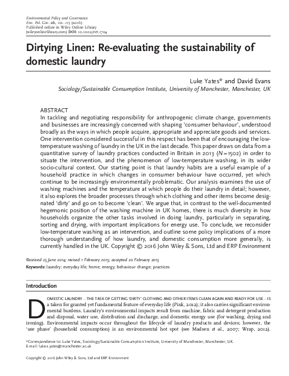 (PDF) Dirtying Linen: Re-evaluating the sustainability of domestic laundry