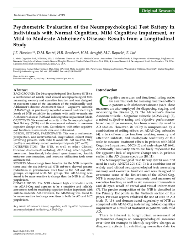 (PDF) Psychometric Evaluation of the Neuropsychological Test Battery in ...