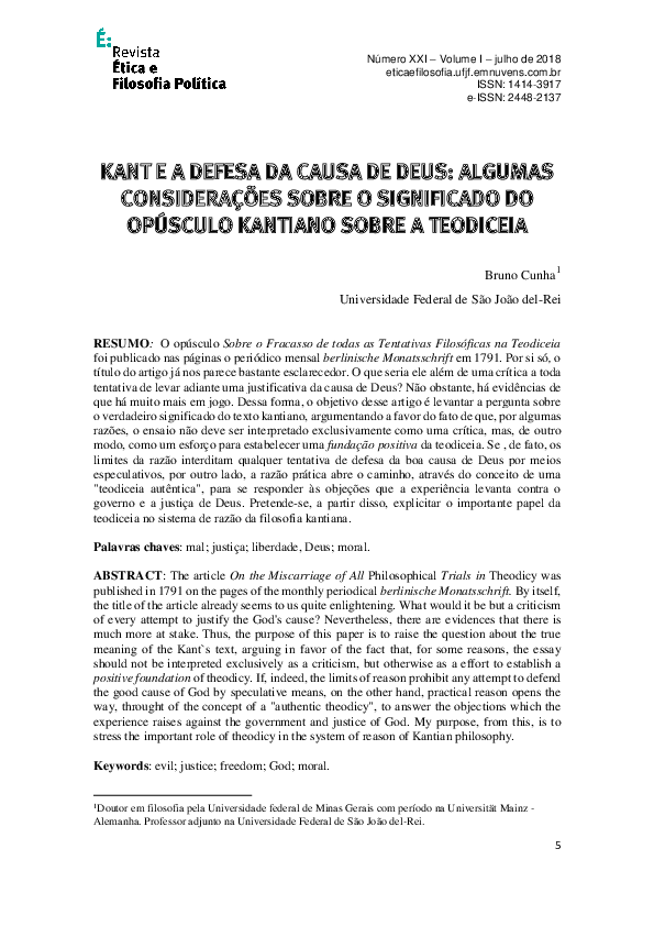 (PDF) Kant e a Defesa da Causa de Deus: algumas considerações acerca do ...
